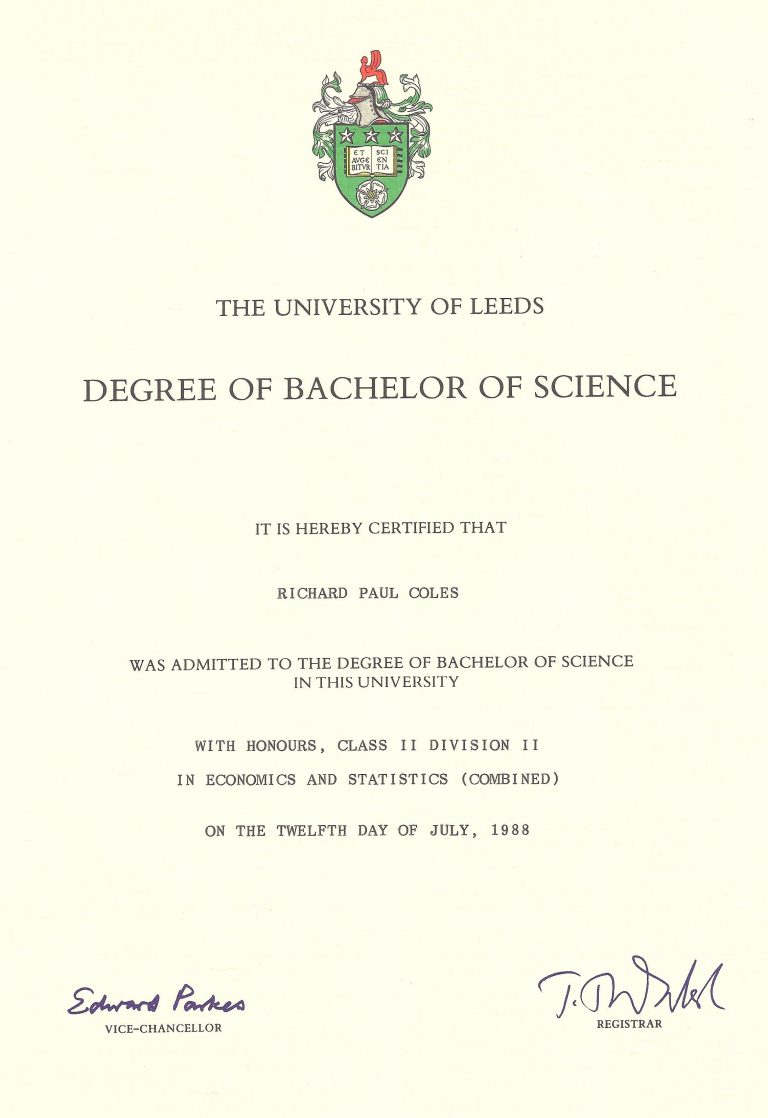 BSc Honours Degree - University of Leeds 1988